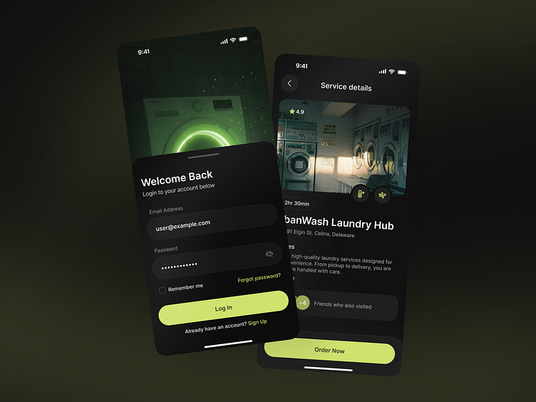 Laundry Service App UI – Login & Service Details (Dark Mode) by Fokhrul ...