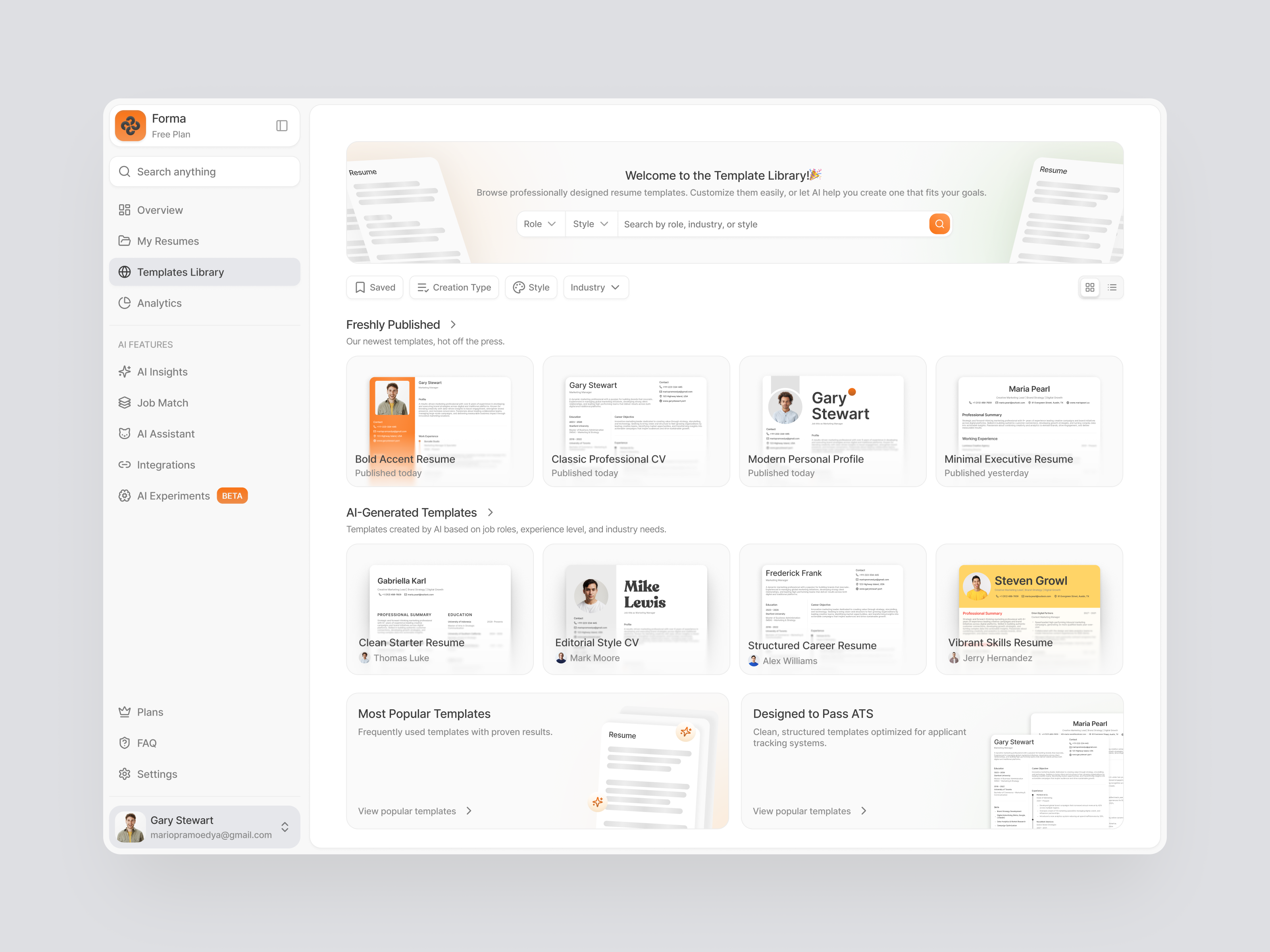 Forma - Resume Builder AI Dashboard [Templates Library Page] by Ryan ...