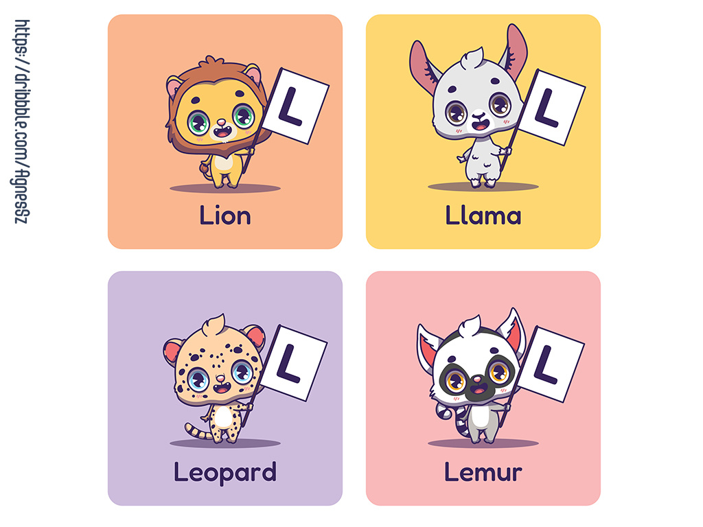 Cute animals holding flag with letter L by AgnesSz on Dribbble