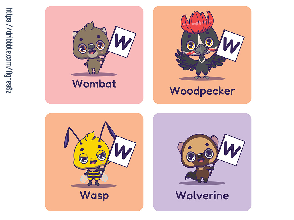 Cute animals holding flag with letter W by AgnesSz on Dribbble