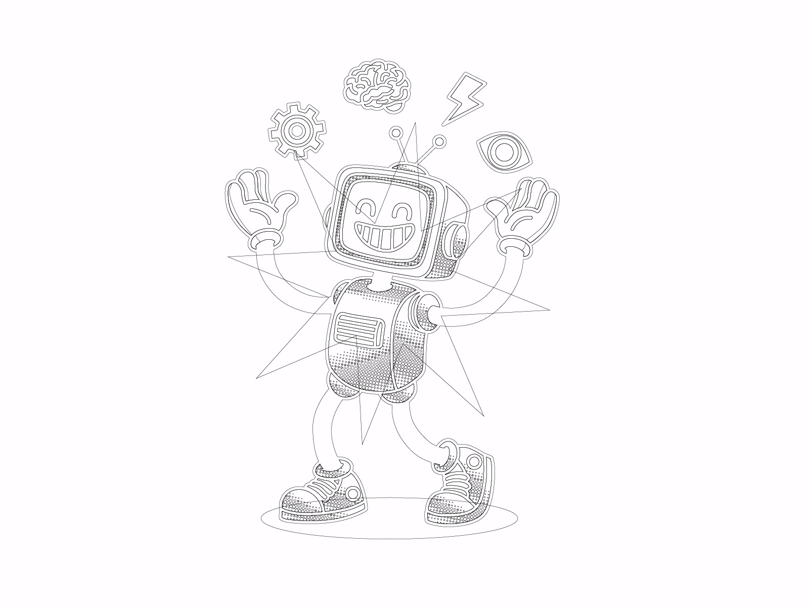 Happy Retro Robot Cartoon Character Smiling With Brain Gear Idea by ...
