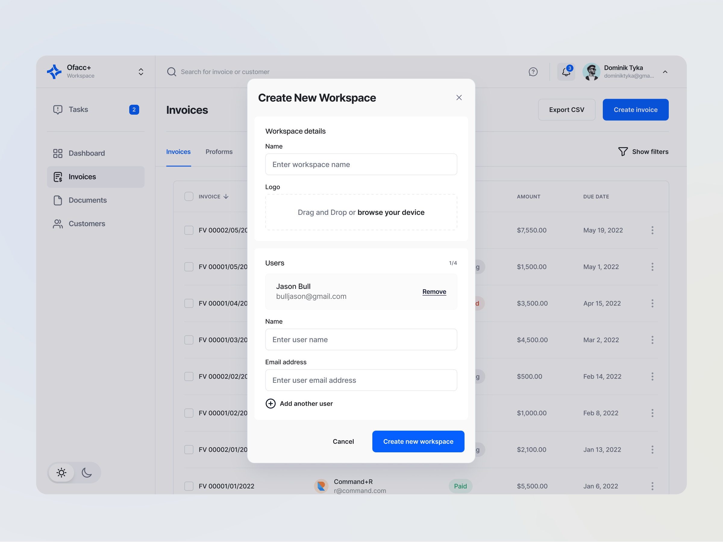 Create new workspace modal - Accounting Web App by Dominik Tyka on Dribbble