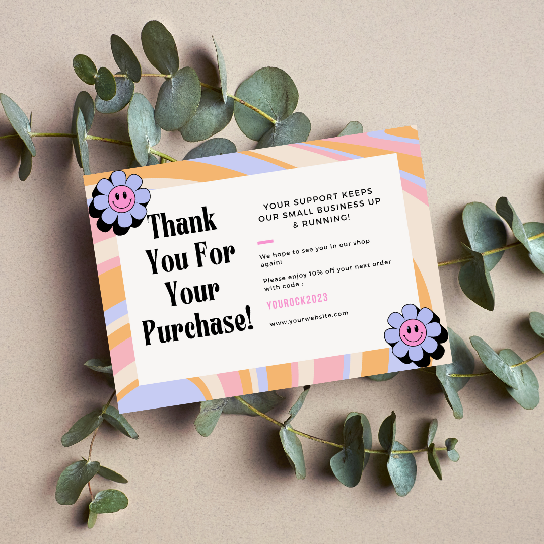 Smiling Flower Retro Thank You For Your Purchase Card Template by Paige ...
