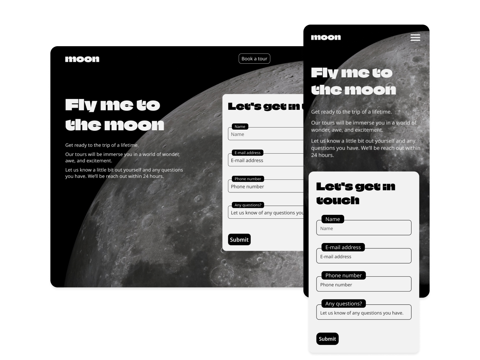 UI Challenge 01 - Mobile form - Moon a space tourism company by Angel Mendieta Moreno on Dribbble