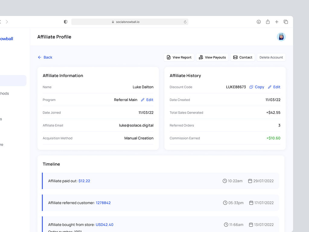 Social Snowball - Affiliate Profile by Luke Dalton for Solace on Dribbble