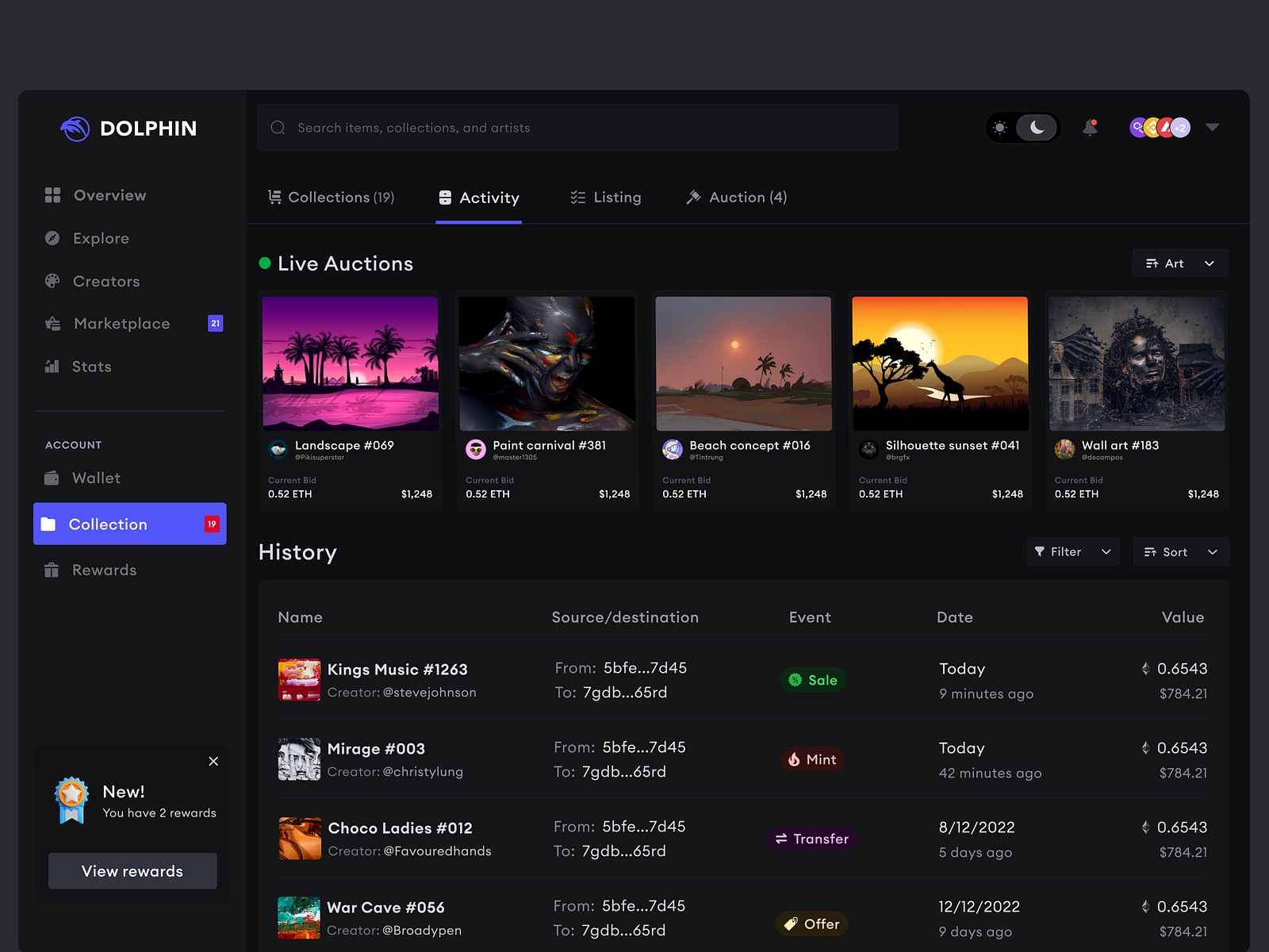 NFT - Dolphin collection UI (Dark Mode) by Samm Mani on Dribbble