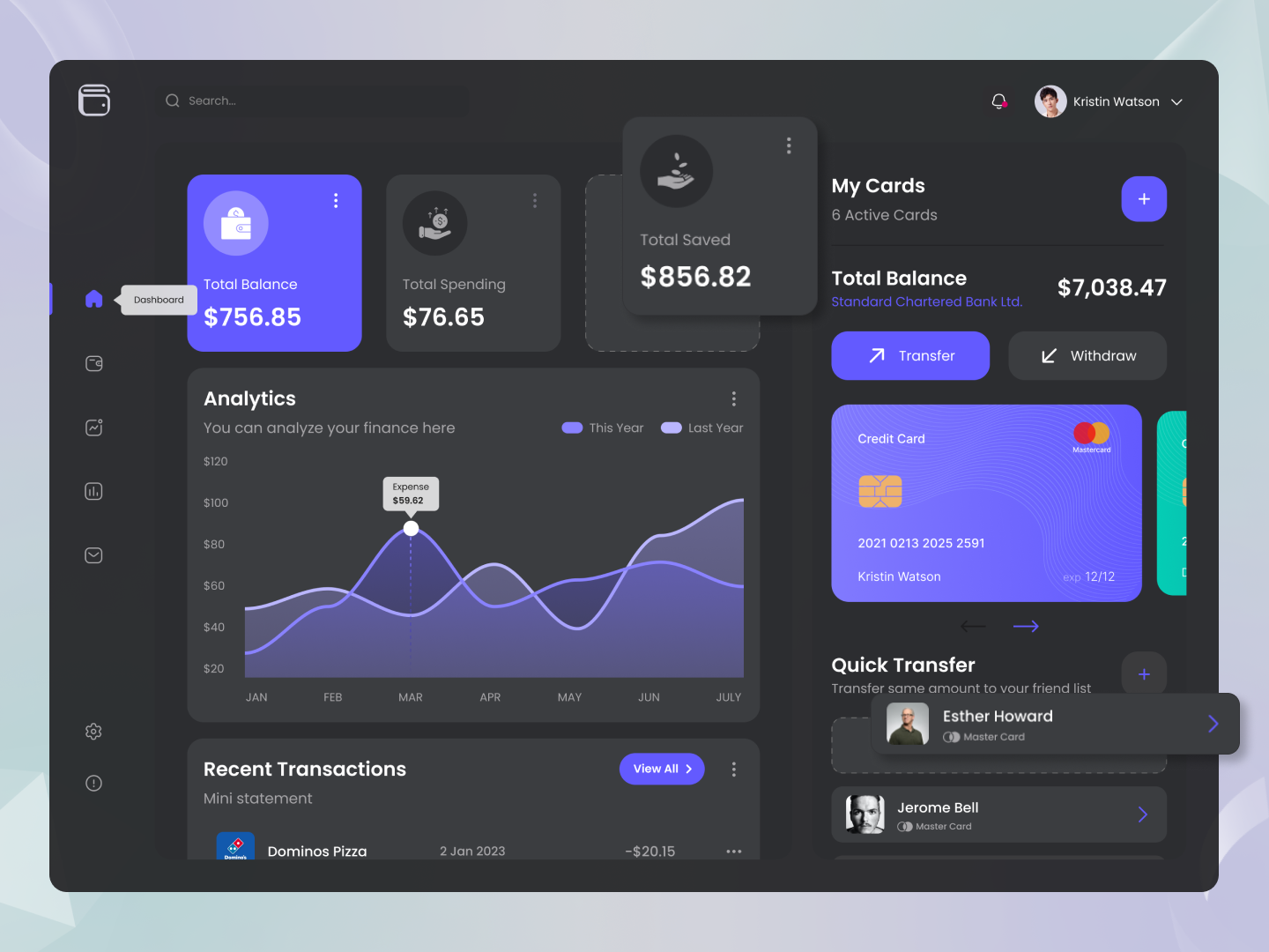 Finance Dashboard UI Dark Theme by Tanvir J on Dribbble