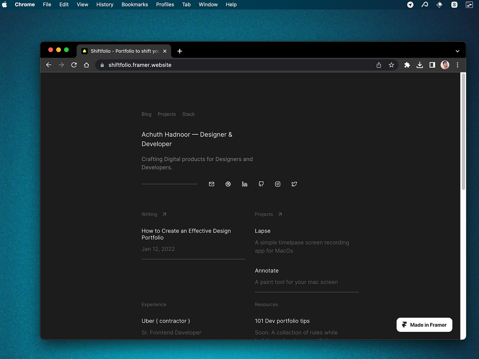shiftfolio - minimal dark portfolio Framer by achuth on Dribbble