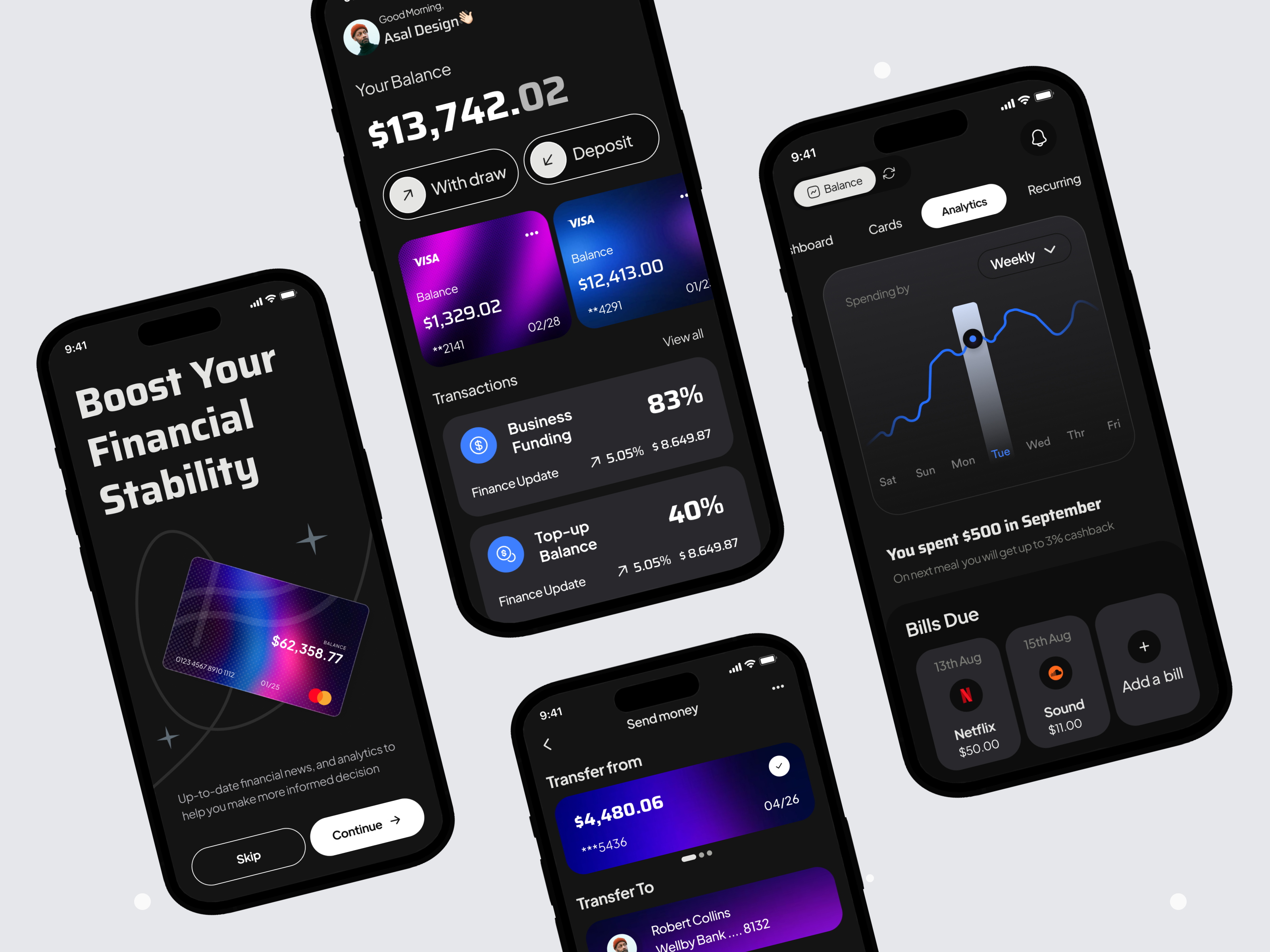 Finance App - Dark Mode by Nishar Multani on Dribbble