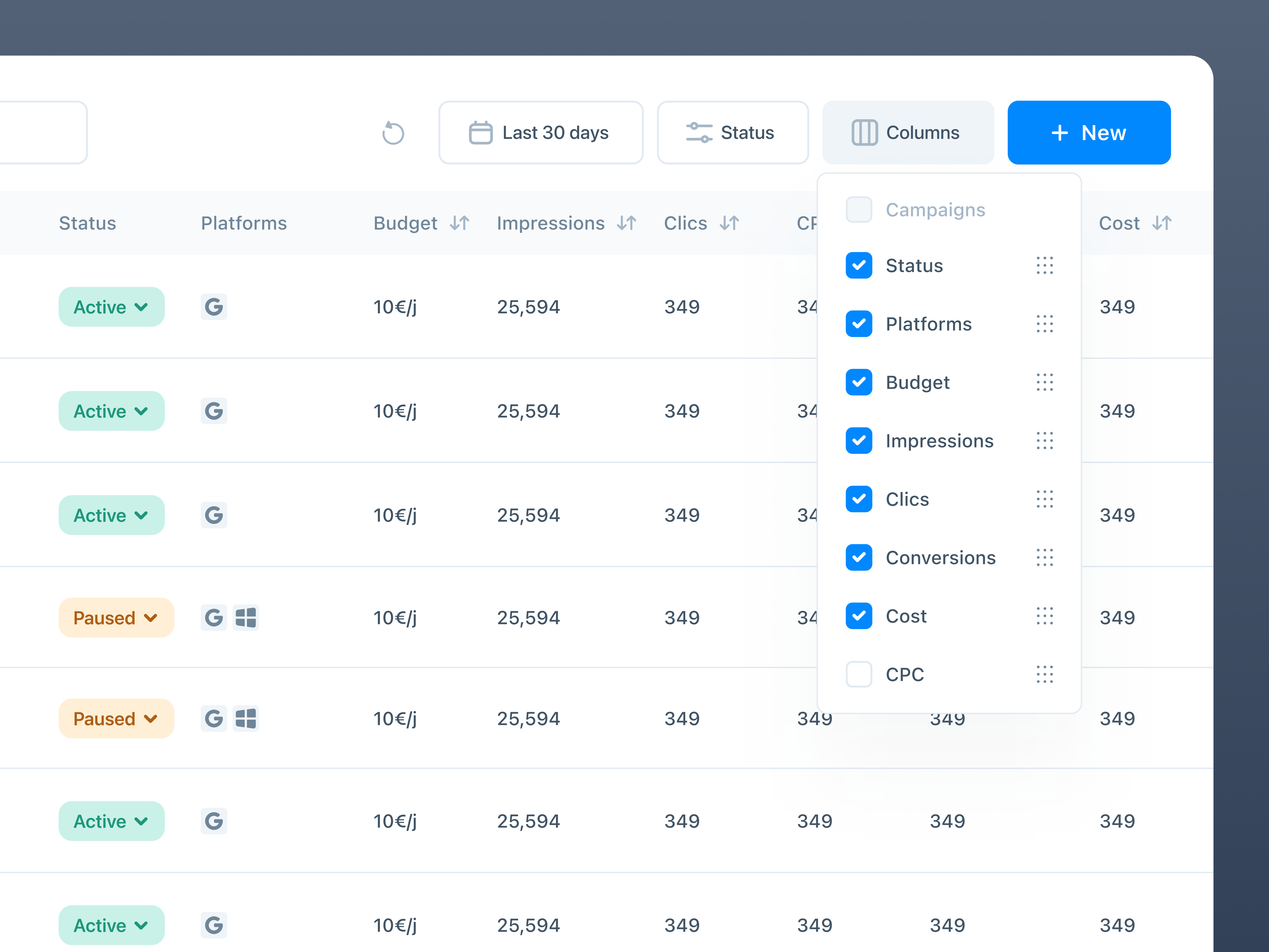 Shown AI • Table filters and columns by Juliette Lagache on Dribbble