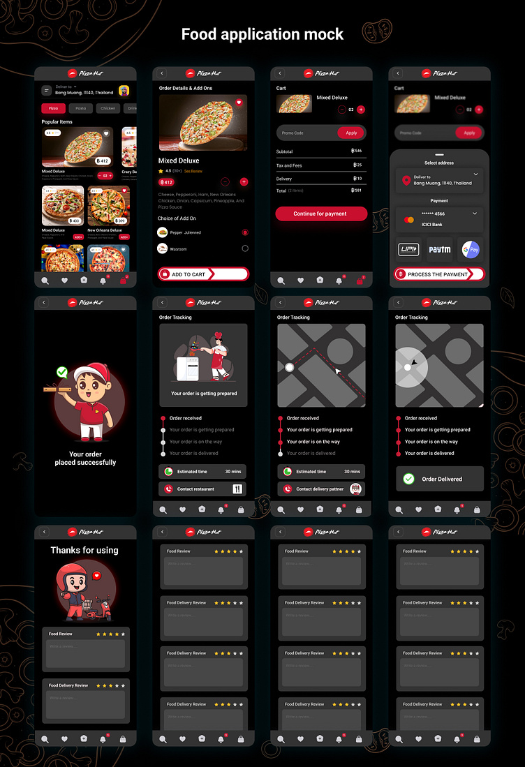 Mobile app UI for food and pizza application by Vamshi Gajendra on Dribbble