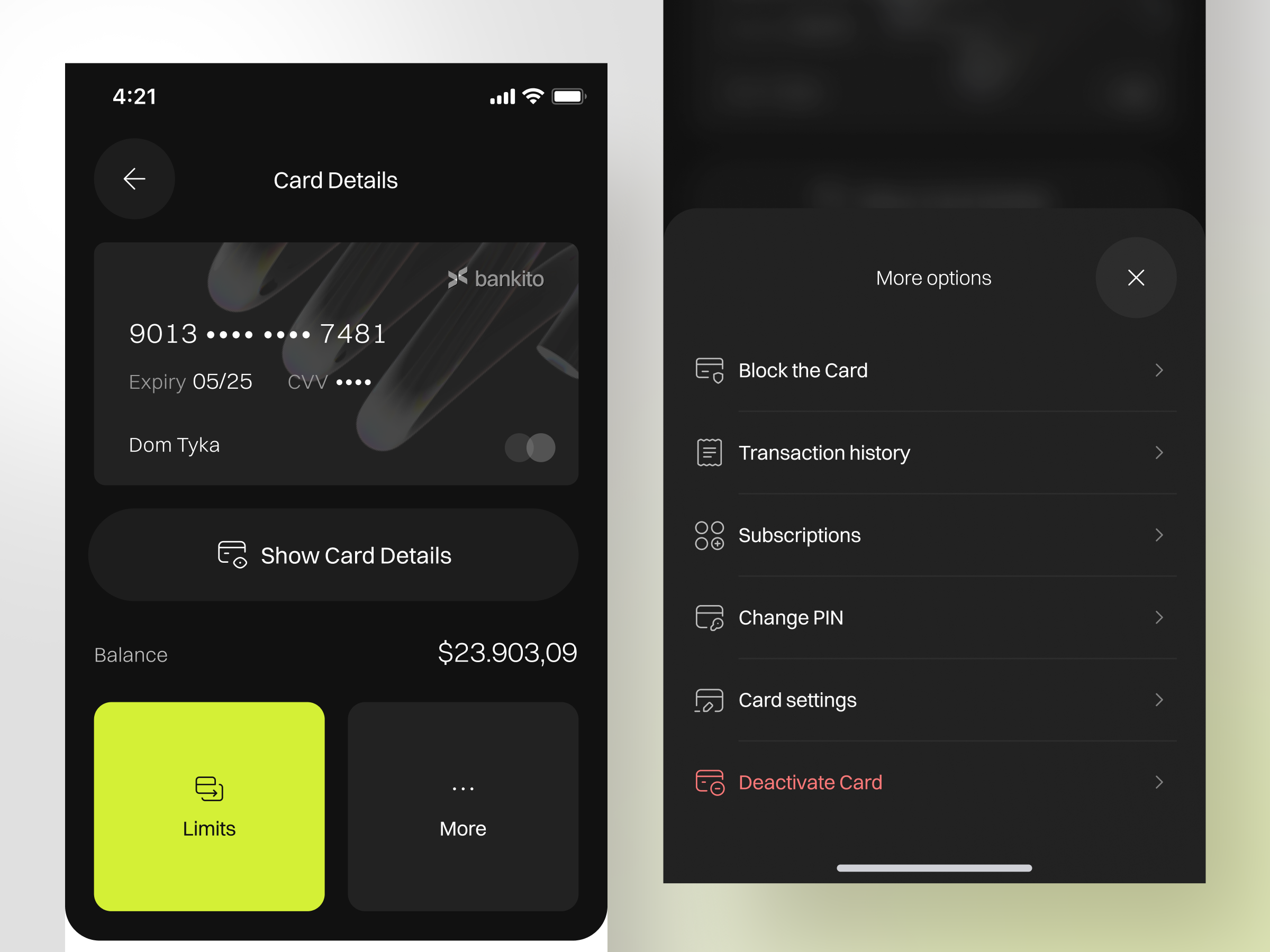 Card details & options - Bankito ' banking mobile app by Dominik Tyka ...