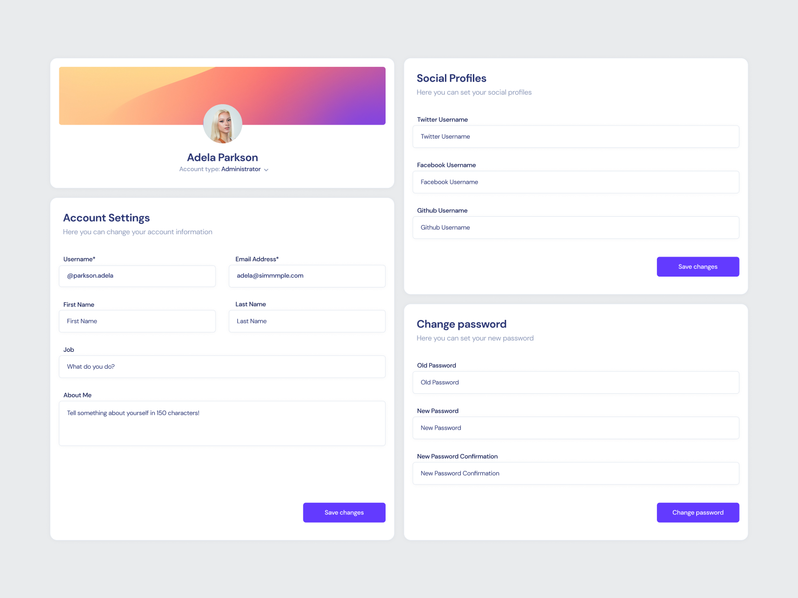 Profile Settings UI Cards - Horizon UI by Horizon UI on Dribbble