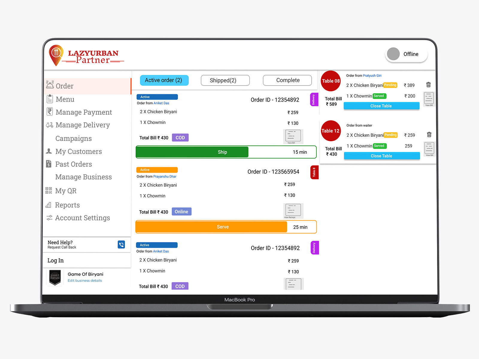 Restaurant order management application by Devansh on Dribbble