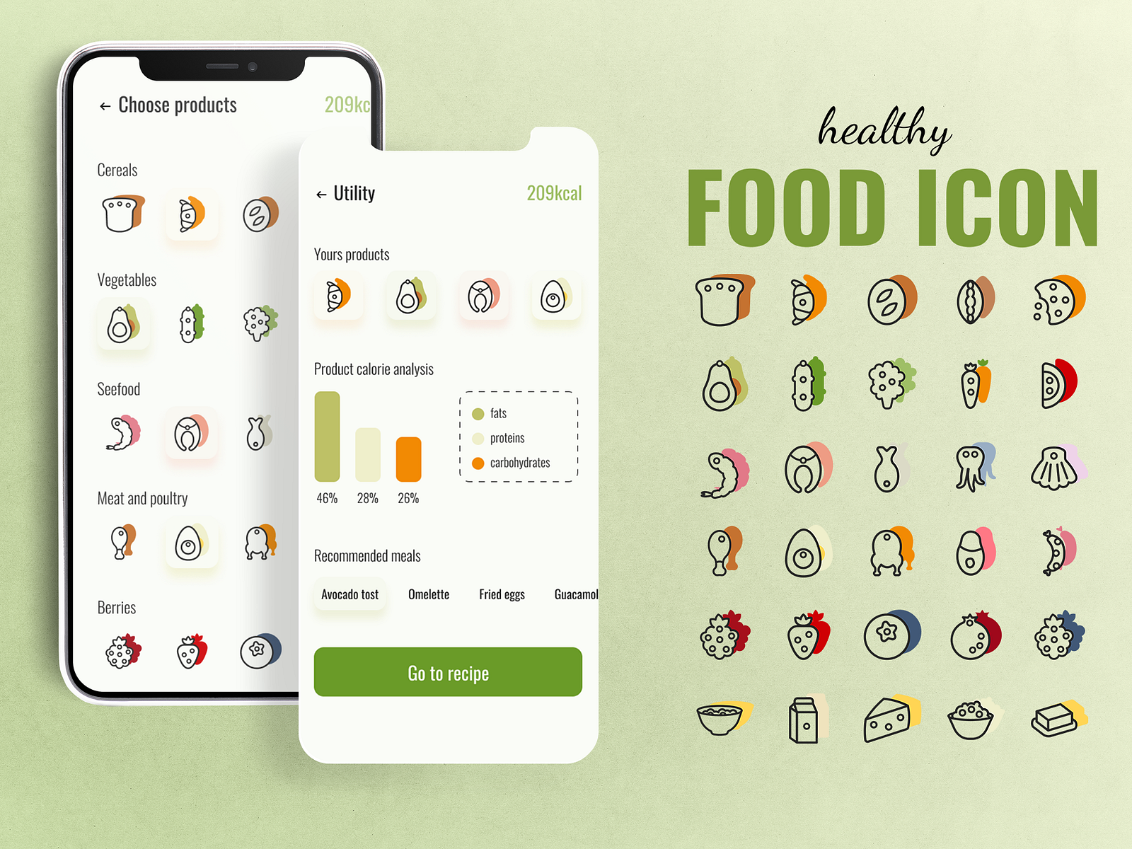 Food icon set for healthy food tracking app by Polina Cherkasova on ...