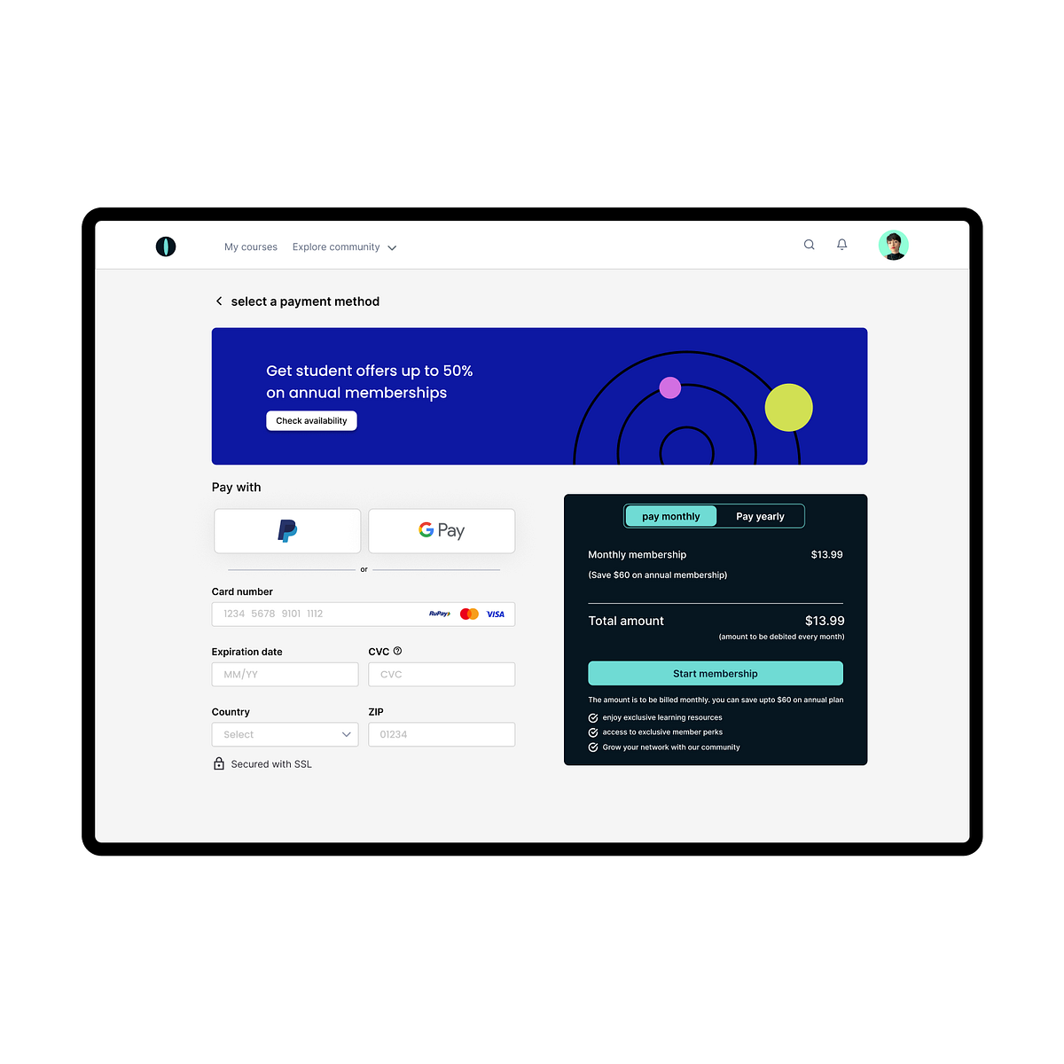 membership page - Select payment method. by Sunil Rajan on Dribbble