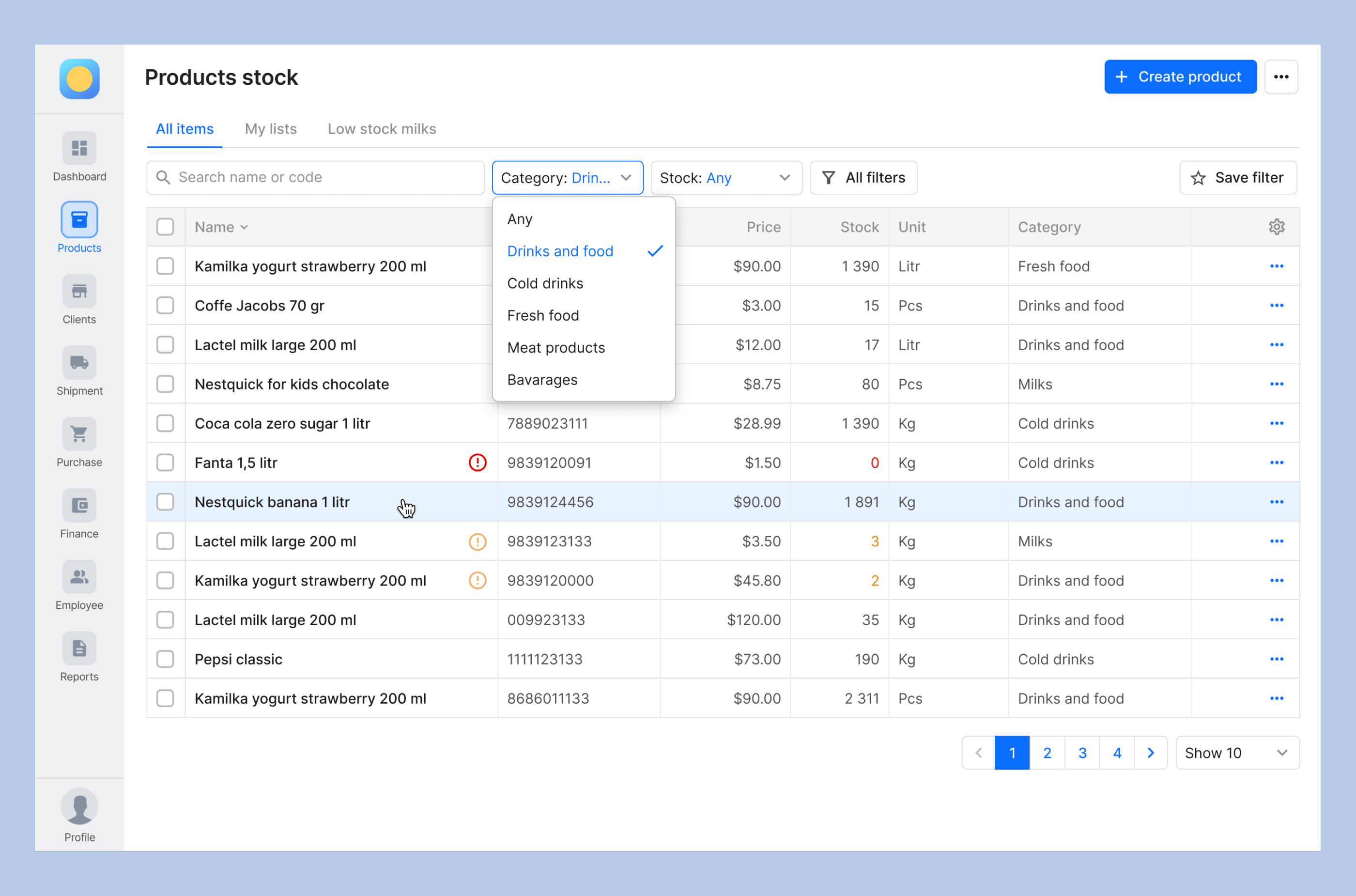 Product list with filter. Sales management by Vosidiy on Dribbble