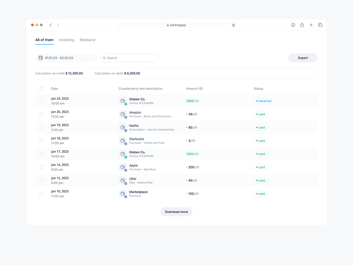 Banking app | Transaction Table by Dmitry Sergushkin on Dribbble