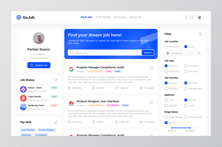 GoJob - Job Finder Dashboard by Dhimas Mo for Odama on Dribbble