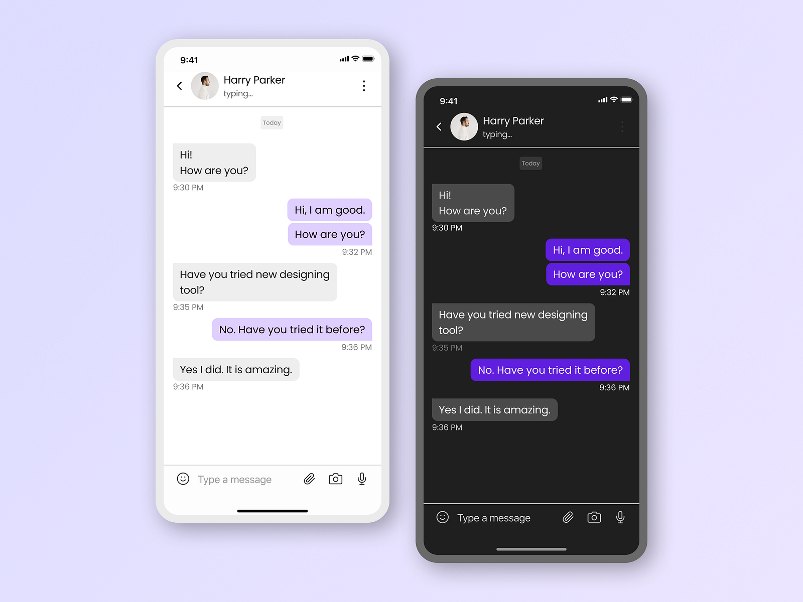 Mobile App Design: Chat screens in light and dark mode by Zarmeen on ...