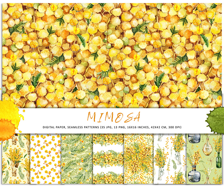 Watercolor mimosa clipart and seamless patterns by Natalya on Dribbble