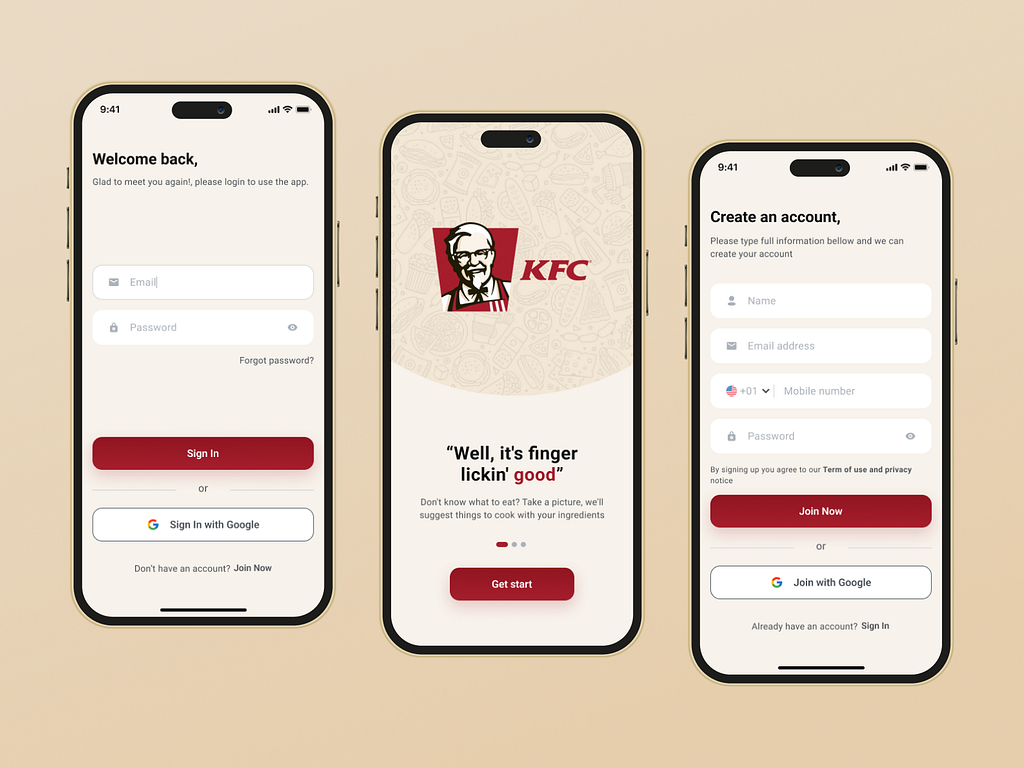 KFC Onboard, login signup app screen by Md Yeasin Arafat 🔥 on Dribbble