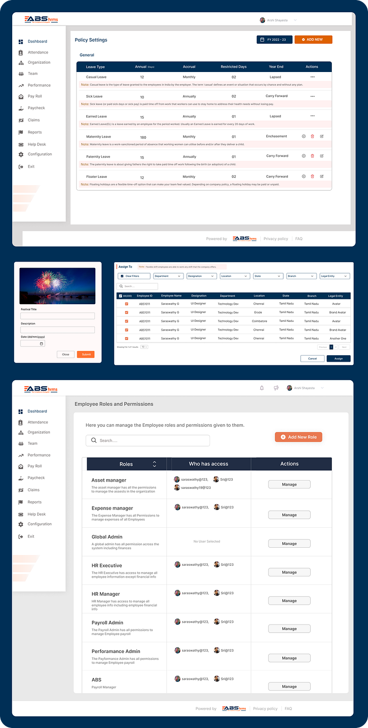 HRMS Software_Web Design_Emp, Manager, Admin(settings) view by ...