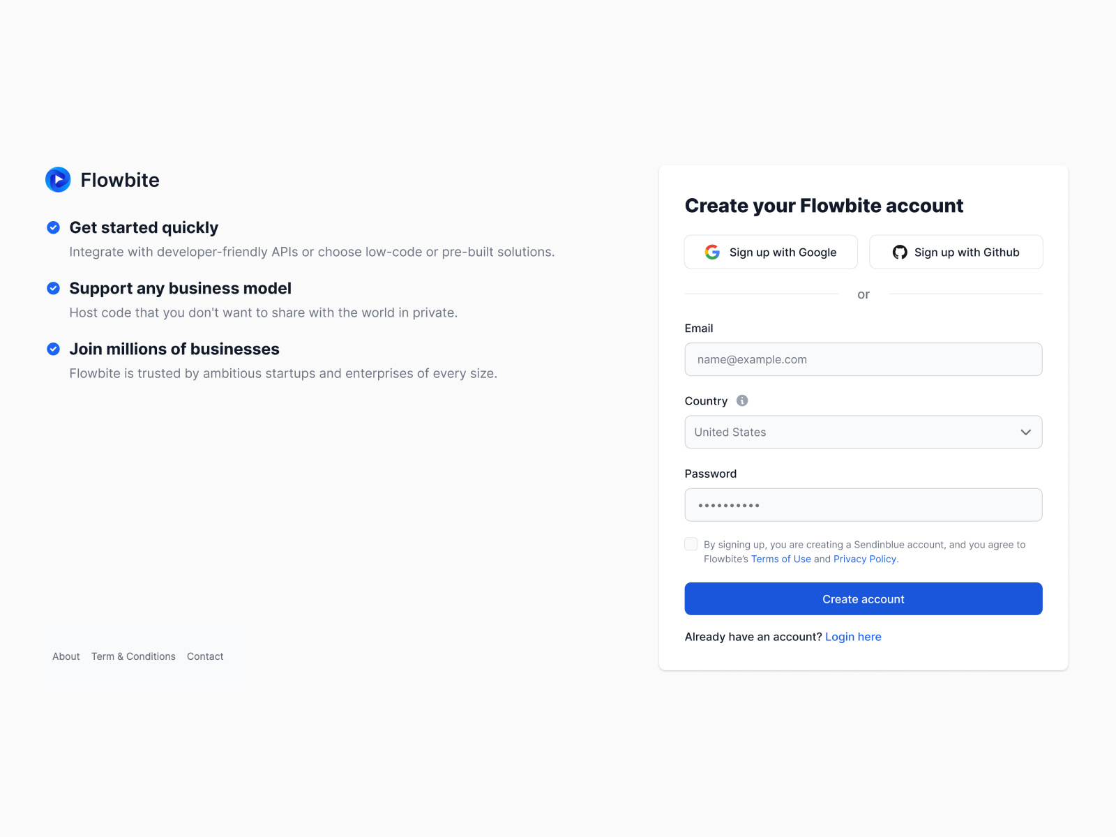 Register form with social media authentication by Flowbite on Dribbble