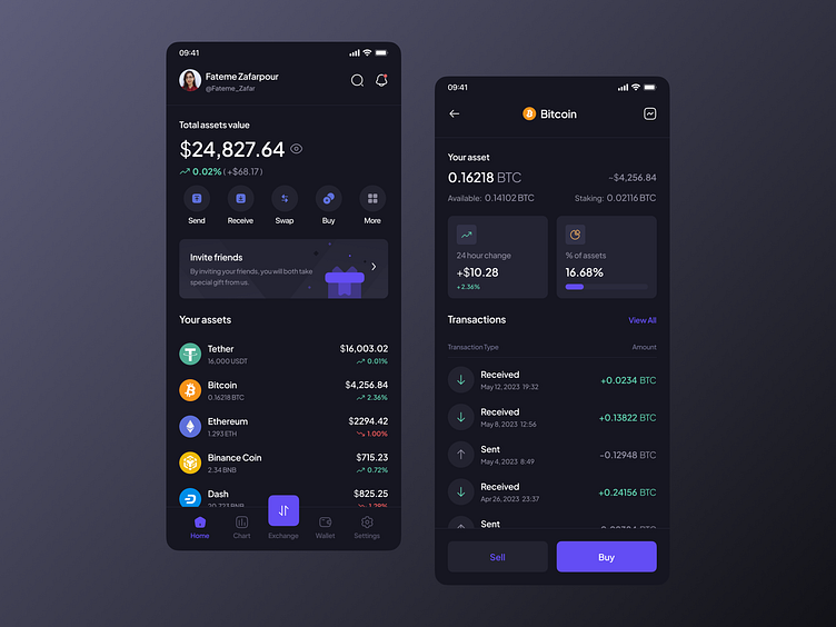 Crypto Wallet App - Dark Mode by Fateme Zafarpour on Dribbble