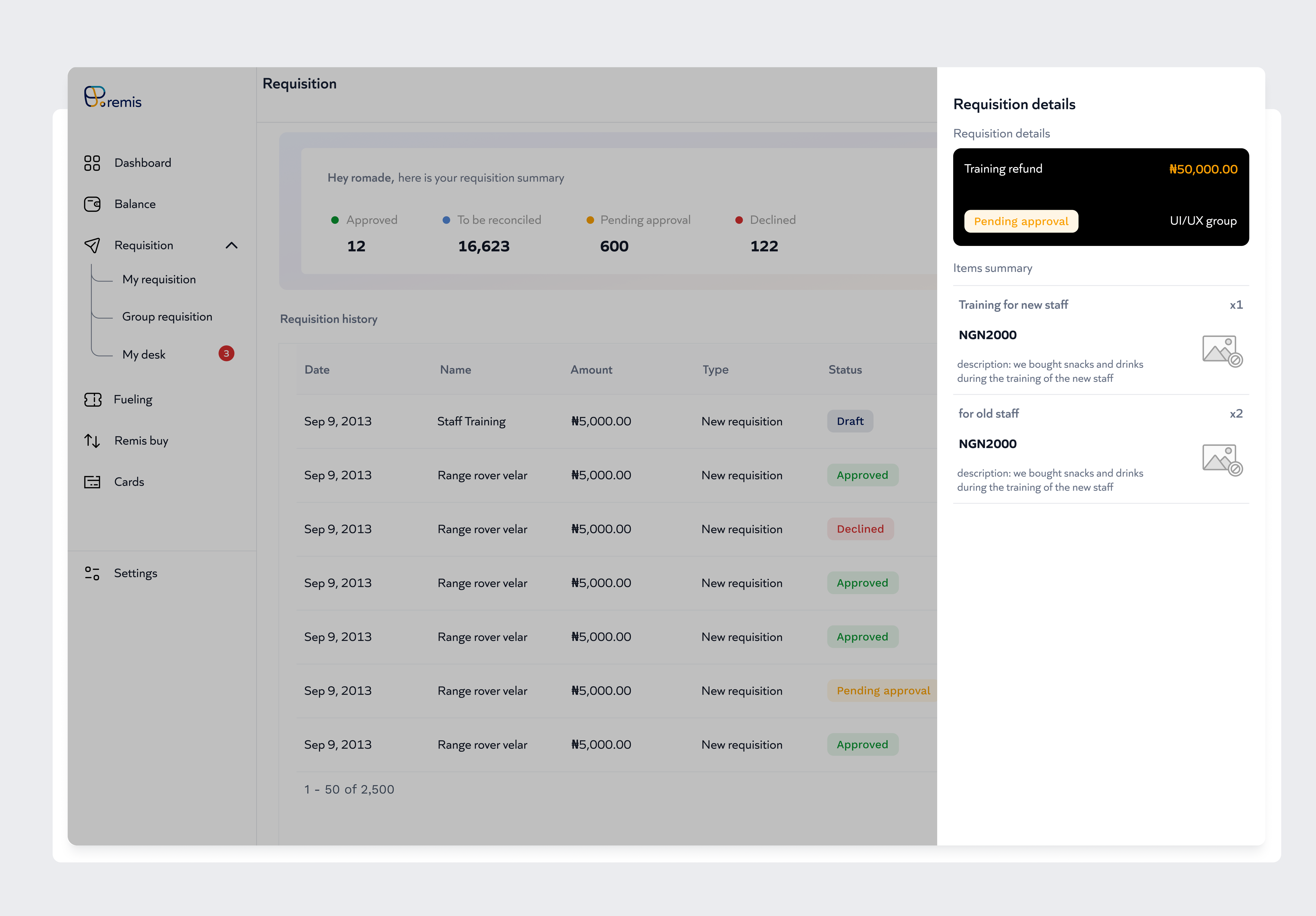 Requisition and Reimbursement feature on Remis by Olaitan akinlade on Dribbble