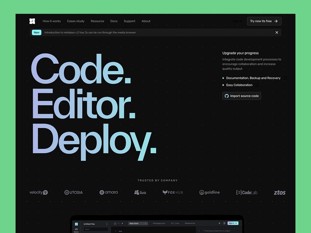 Landing page for a startup code editor by Keitoto on Dribbble
