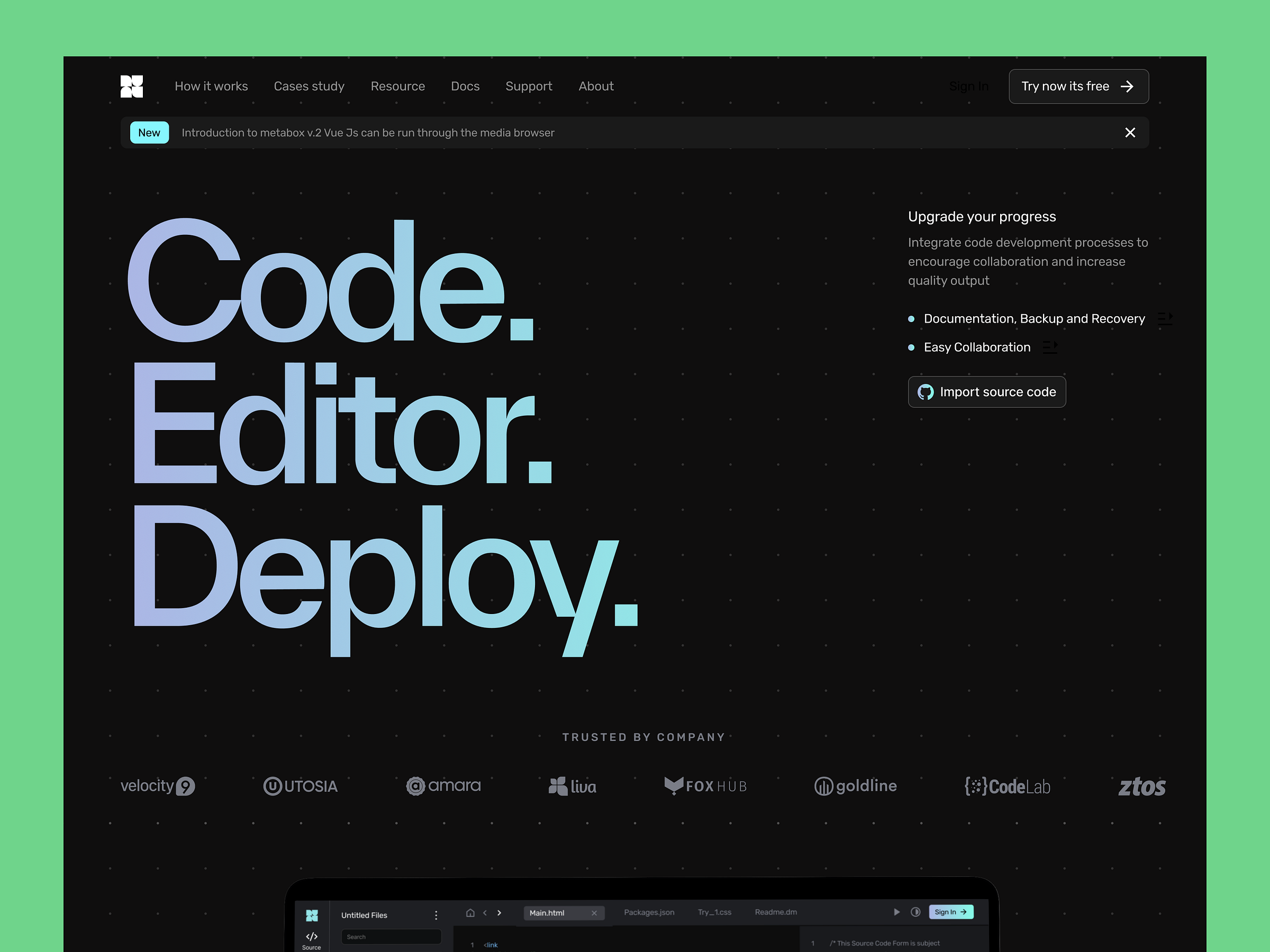 Landing page for a startup code editor by Keitoto on Dribbble