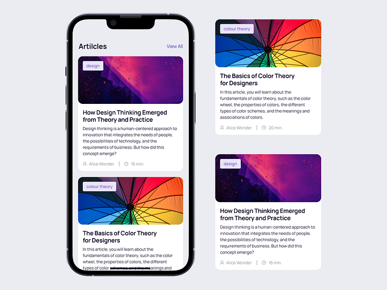 Article cards by Irina KravtSova on Dribbble