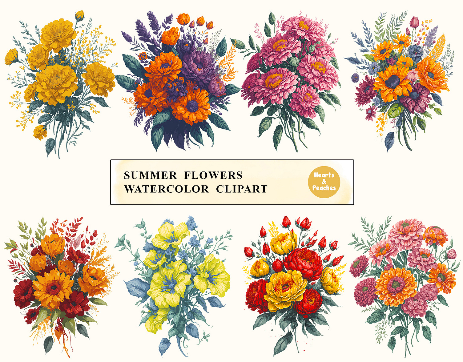 Summer Flowers Watercolor Clipart Bundle by Hearts and Peaches on Dribbble