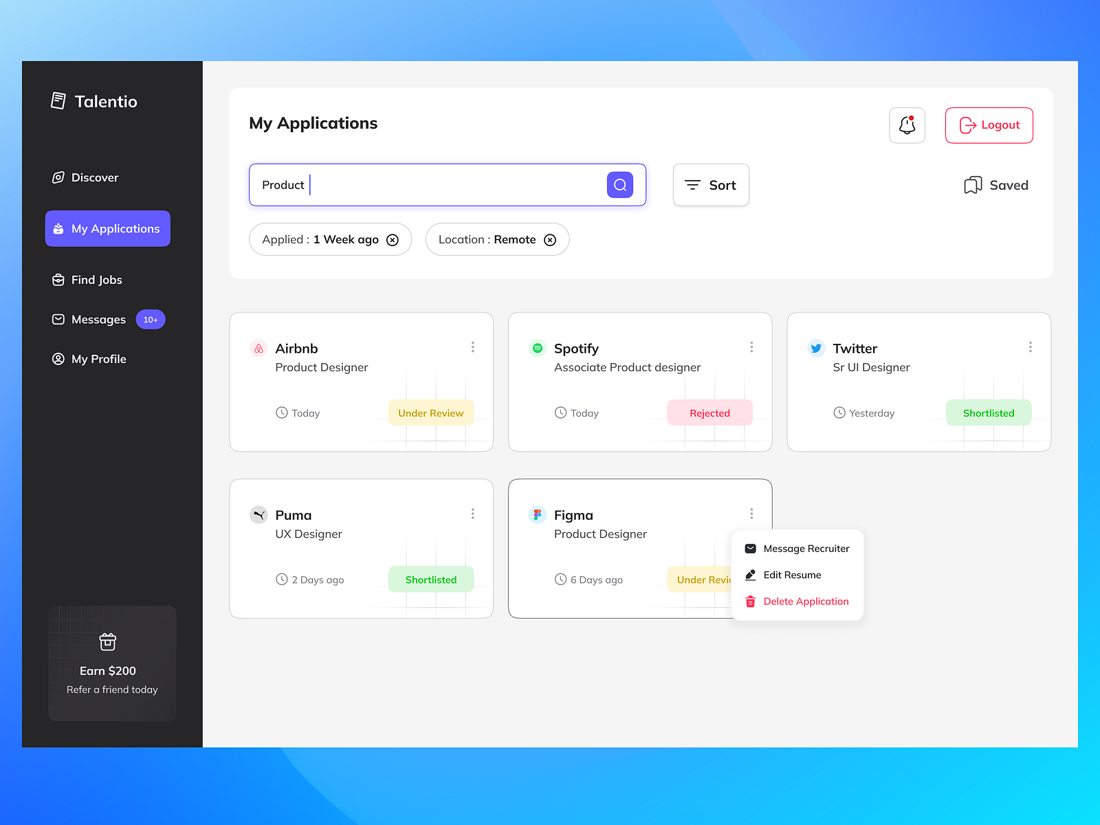 Job Application Dashboard by Himavarshith Reddy on Dribbble