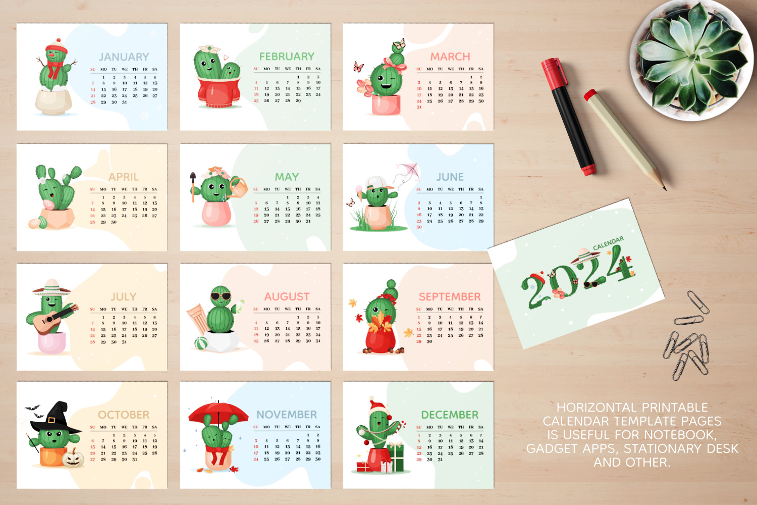 Cute cartoon cactus 2024 horizontal calendar, printable PDF by Julia ...