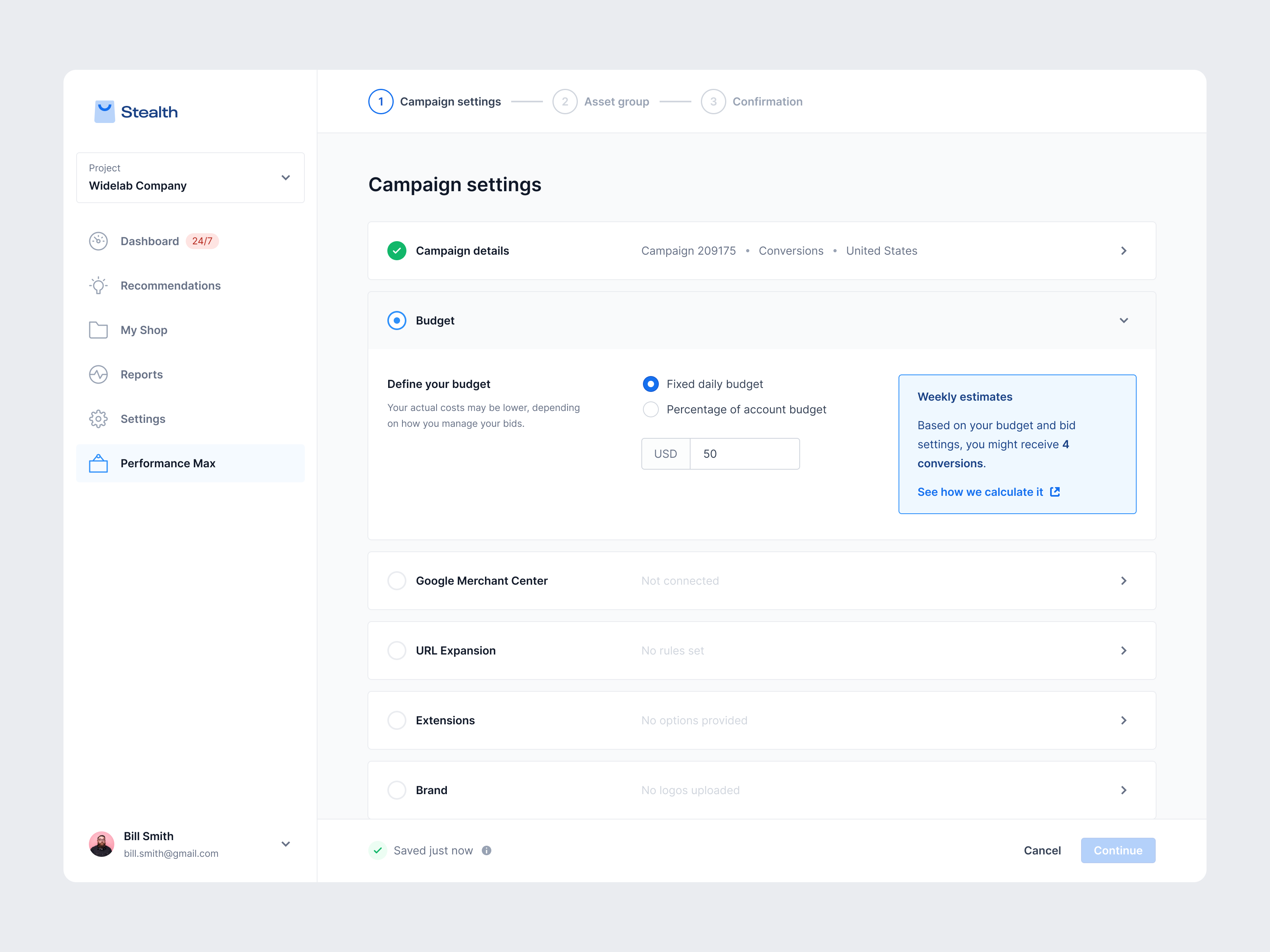 Campaign Creation Flow 1/3 by Mateusz Wozniak for widelab on Dribbble
