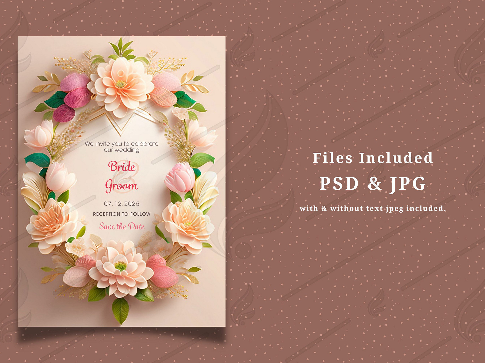 Realistic Floral Frame Wedding Card | Floral Frame on Beige by Instant ...