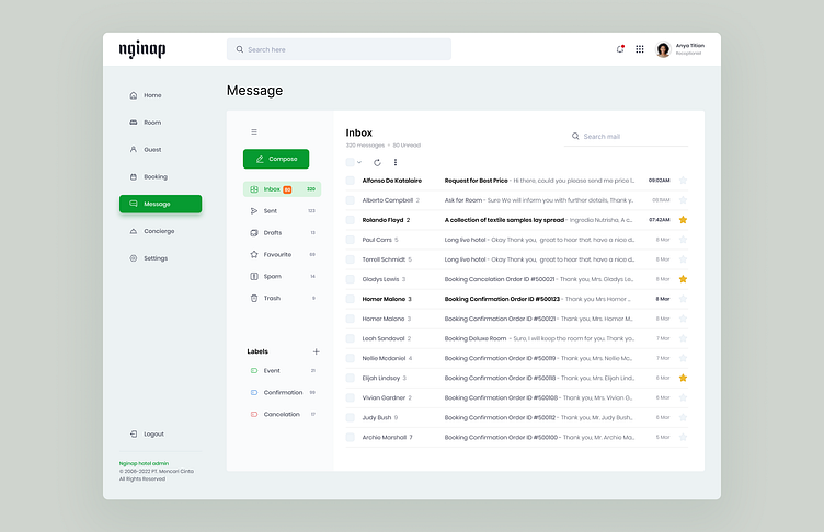 Nginap Hotel Management - Message Panel by Rian Darma for Pixelz on ...