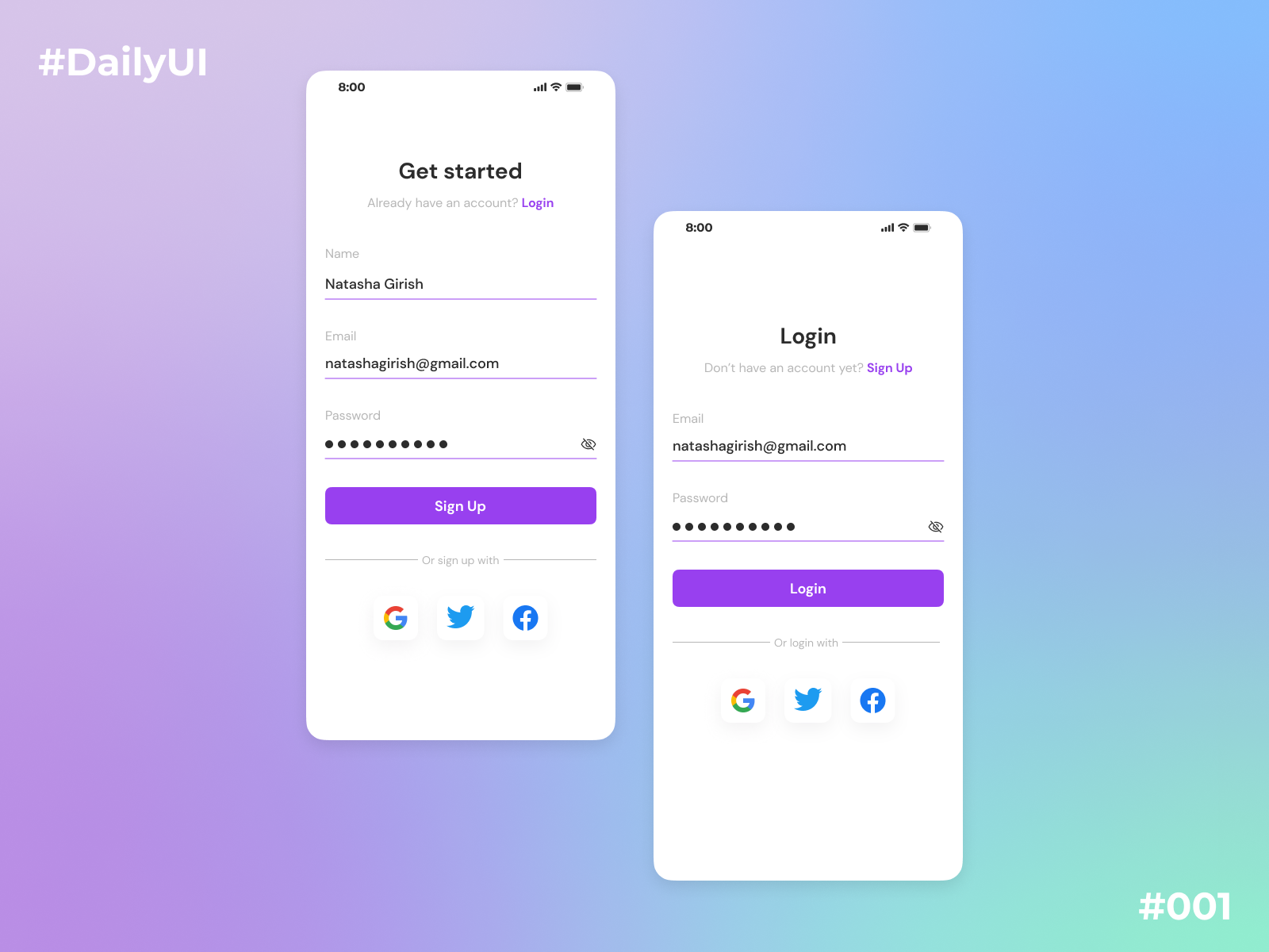 Sign Up/Login Screen - DailyUI #001 by Natasha Girish on Dribbble