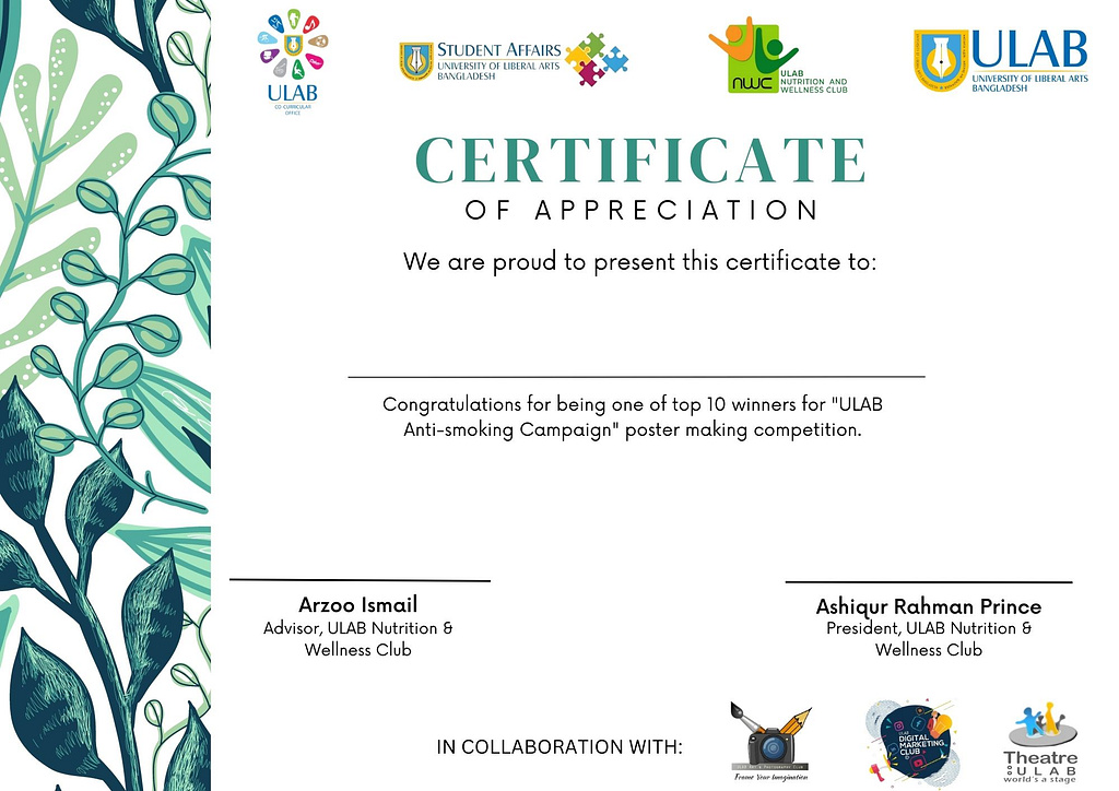 Certificate Design For Anti-Smoking Campaign by Raisa Aziz on Dribbble