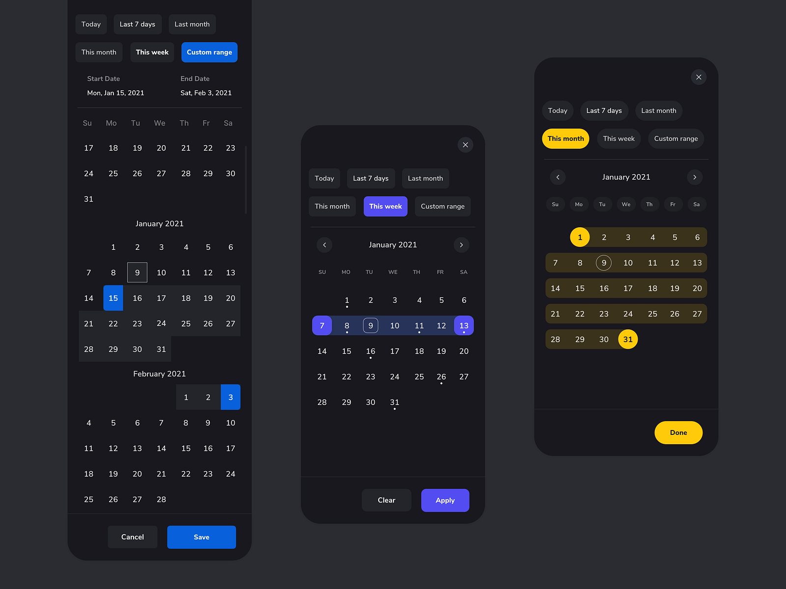 Calendar UI Component — Dark Theme by Julio Reguero on Dribbble