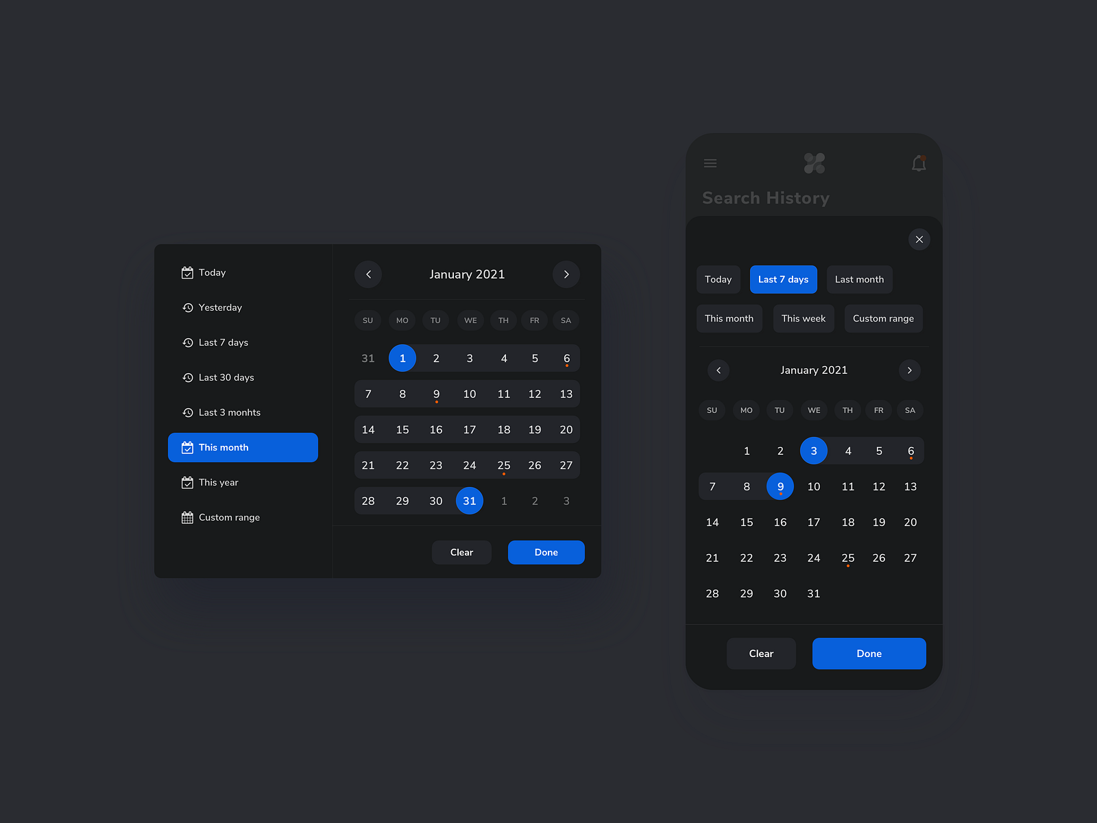 Date Picker Component — Dark Theme by Julio Reguero on Dribbble