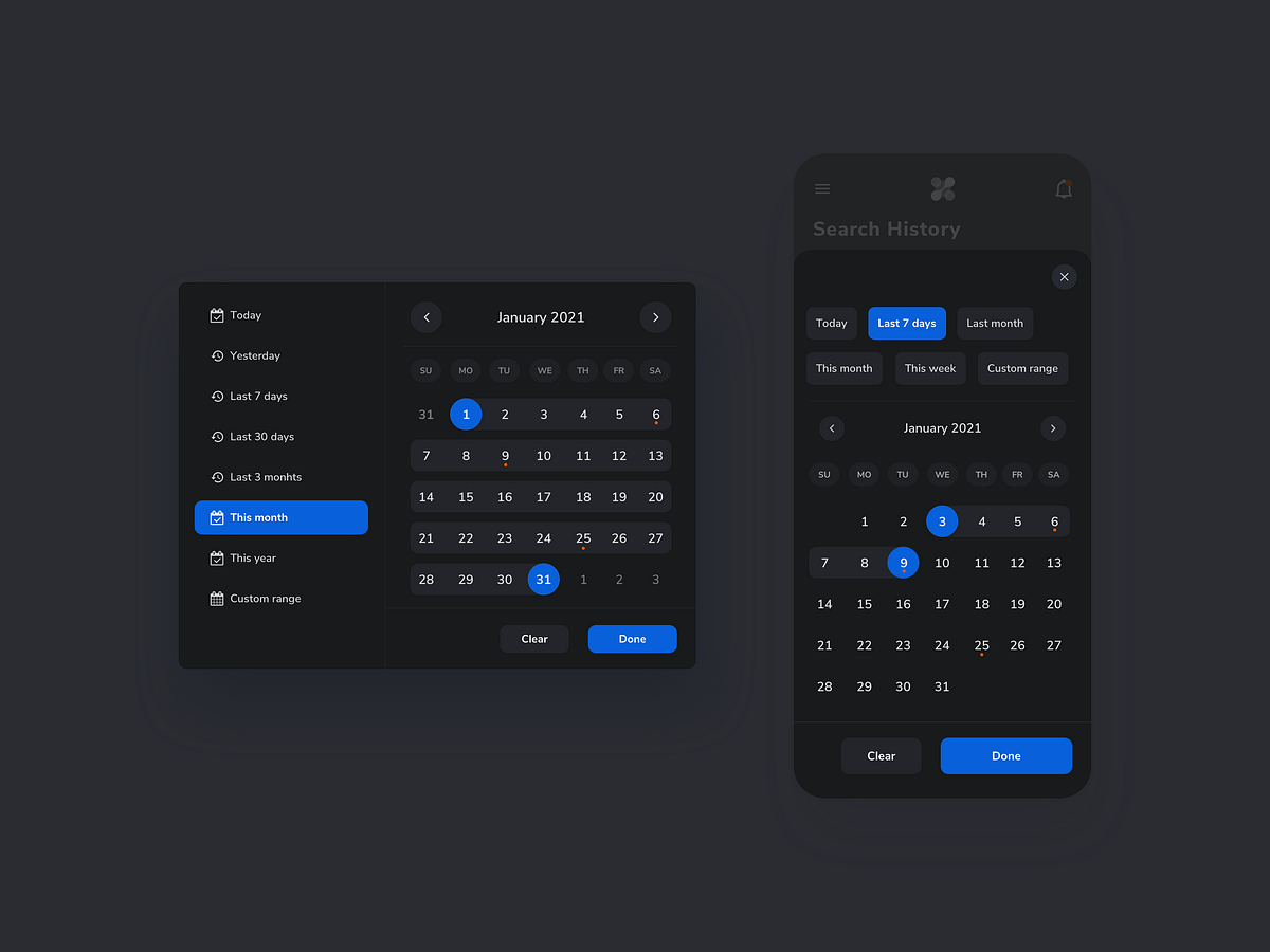 Date Picker Component — Dark Theme by Julio Reguero on Dribbble