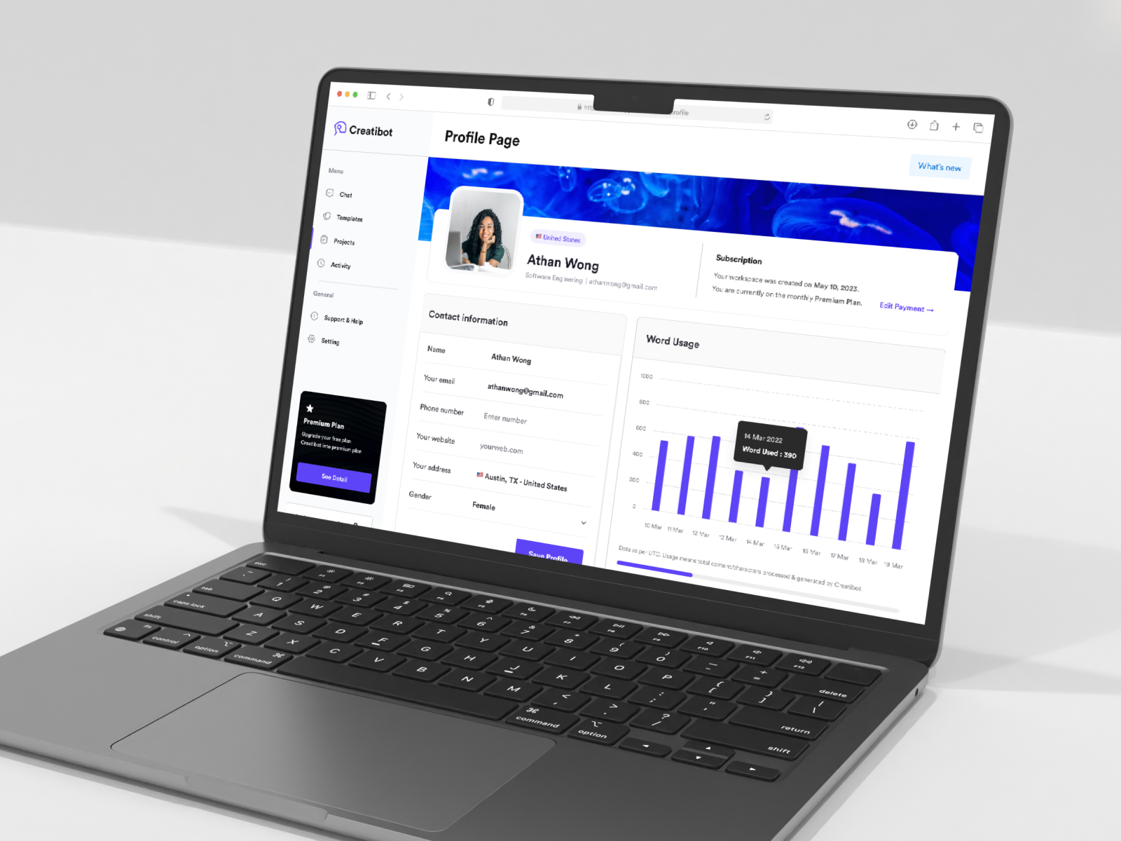Creatibot - AI Copywriter Dashboard (Profile Page) by Zaim Maulana for Elux Space on Dribbble
