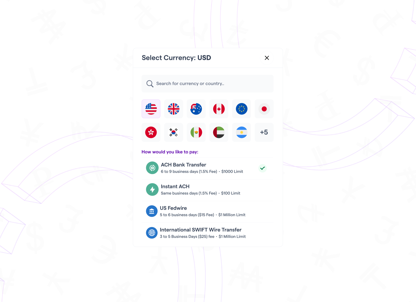 On-Ramp: Select Currency and Payment Method Modal by Druids on Dribbble