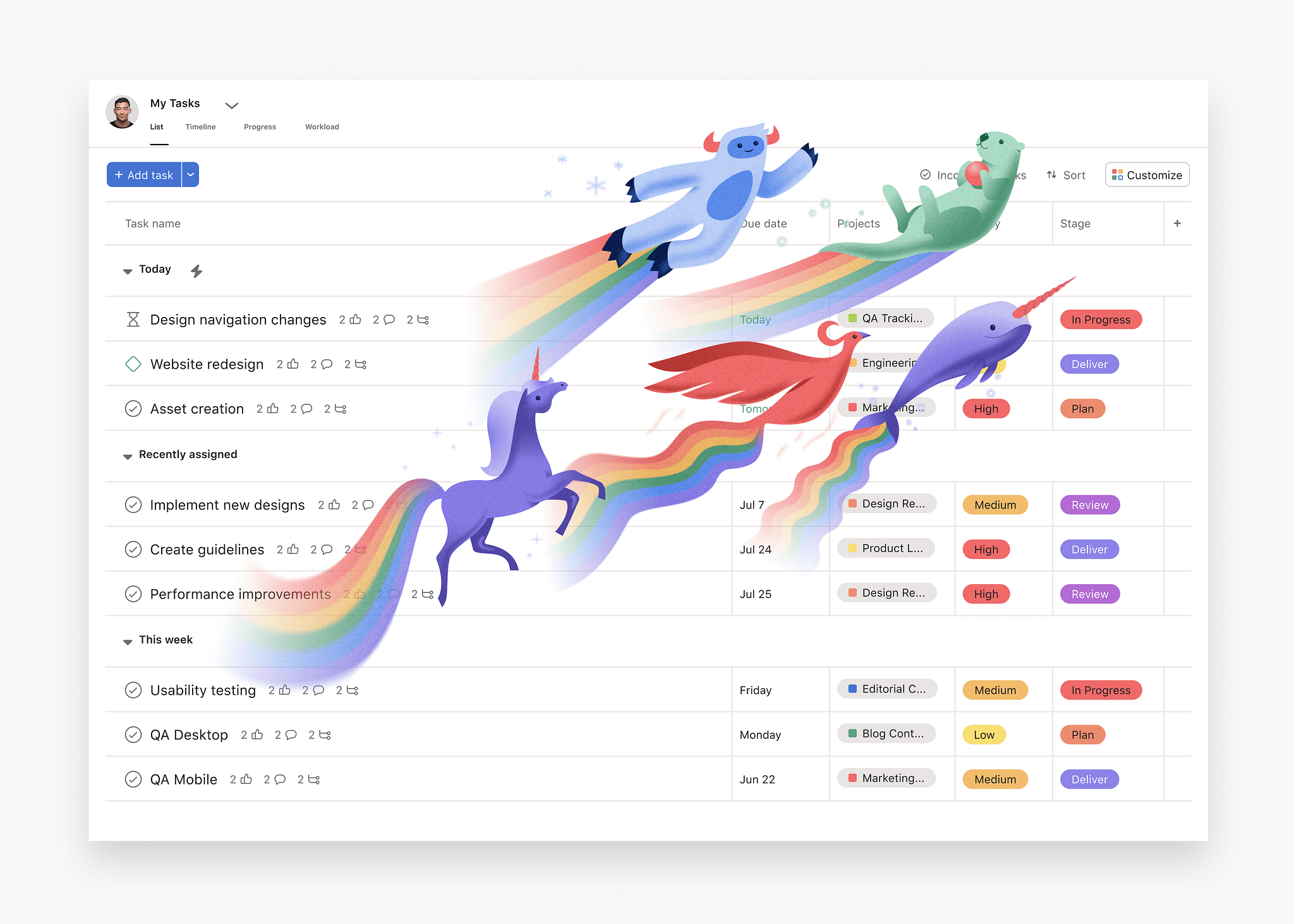 Asana Celebration Creatures by Nick Levesque for Asana on Dribbble