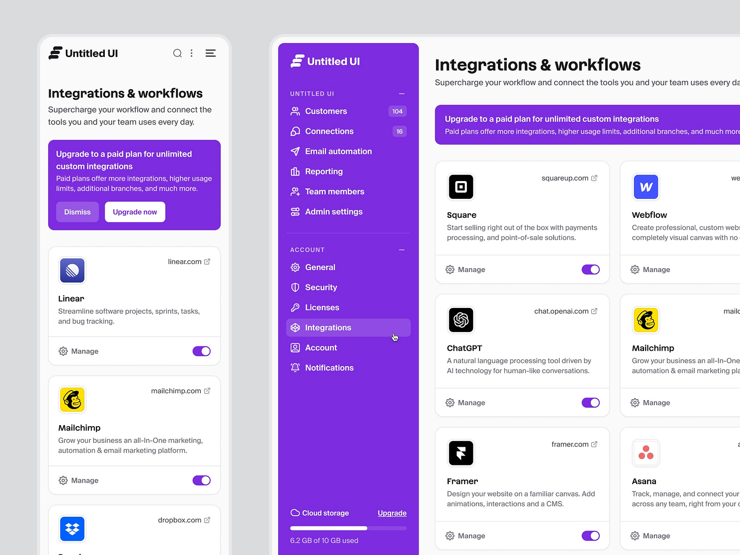 Integrations & workflows settings — Untitled UI by Jordan Hughes® on ...