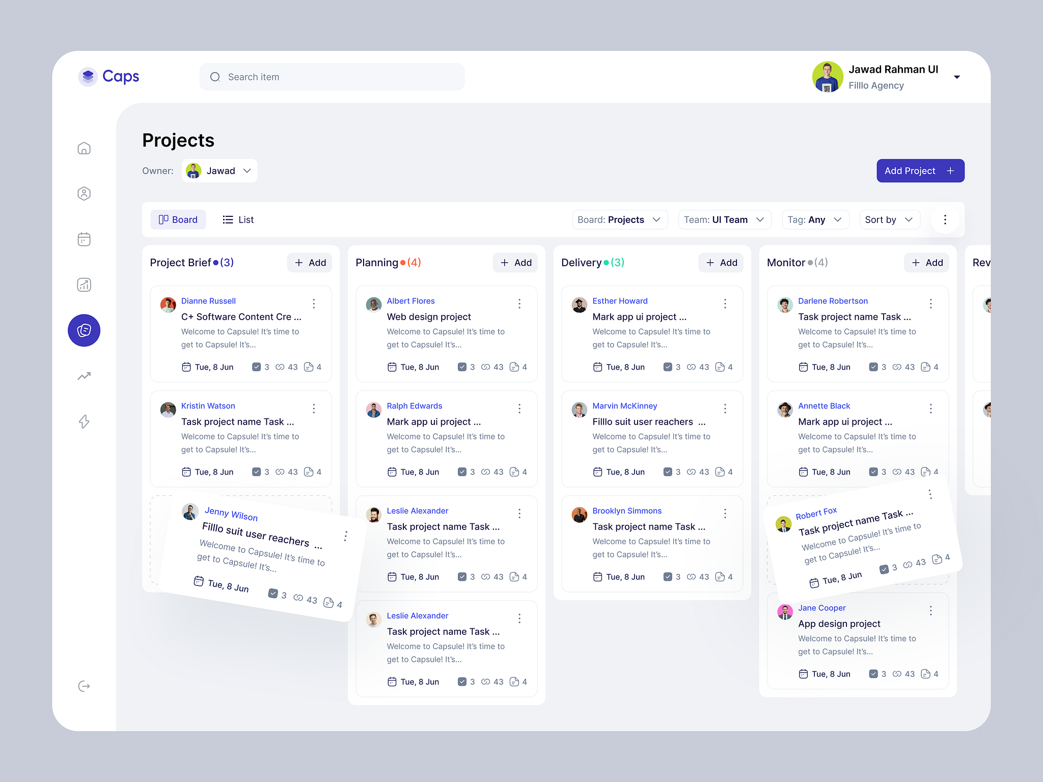 Caps CRM SaaS - Projects Board by Jawadur Rahman Akib for Filllo Design Agency on Dribbble