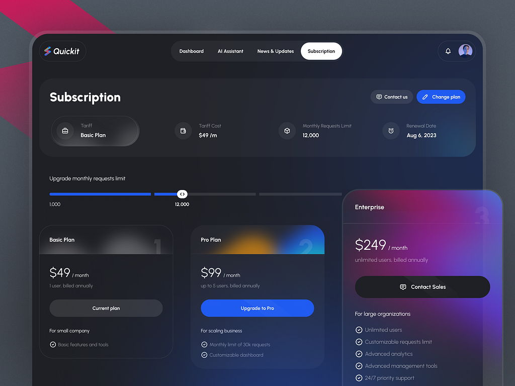 Quickit - Subscription page for AI Interfaces & Dashboards by Nikolay K ...